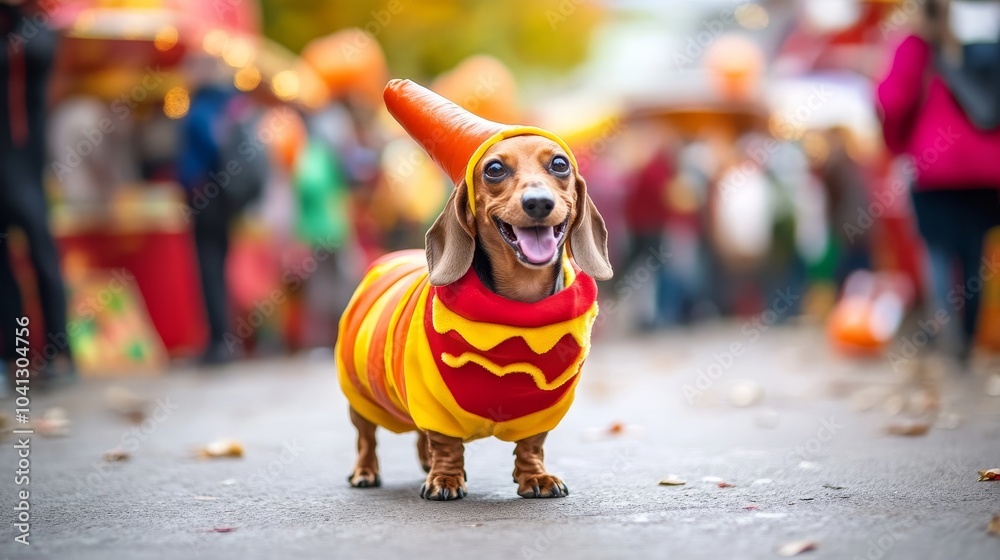 Halloween carnival scene with Dachshund in hot dog costume, funny pet ...