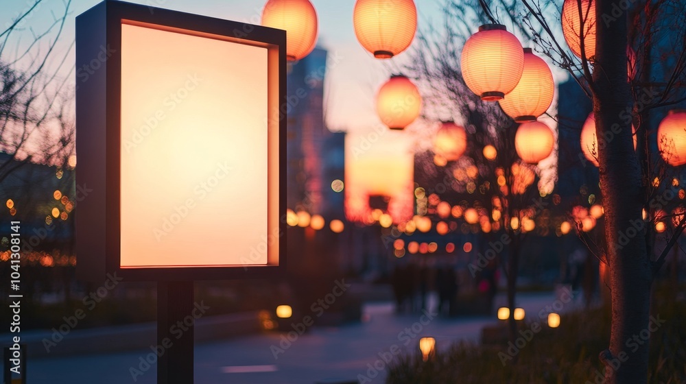 Modern urban park with softly glowing light box beneath hanging ...