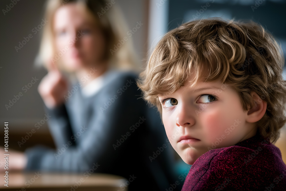 In an elementary school classroom, a boy turns to look at his friend ...