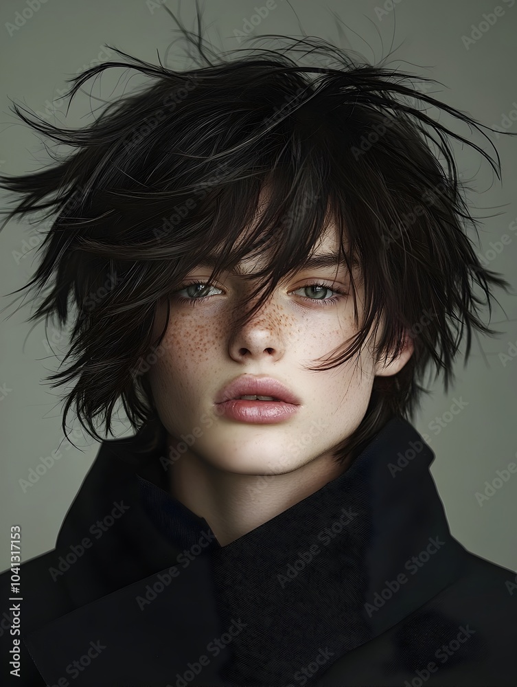 Androgynous model exuding a mesmerizing presence with sculpted features ...