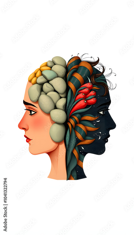 Mental health concept with illustration dual personality. Split mind in ...