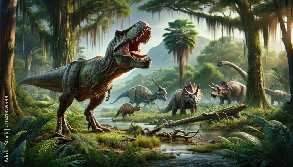 Realistic Digital Artwork of a Prehistoric Scene with Roaring ...