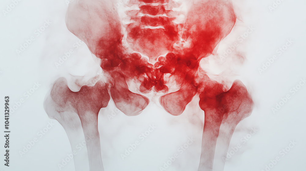 An artistic representation of a skeletal pelvis highlighted in red ...