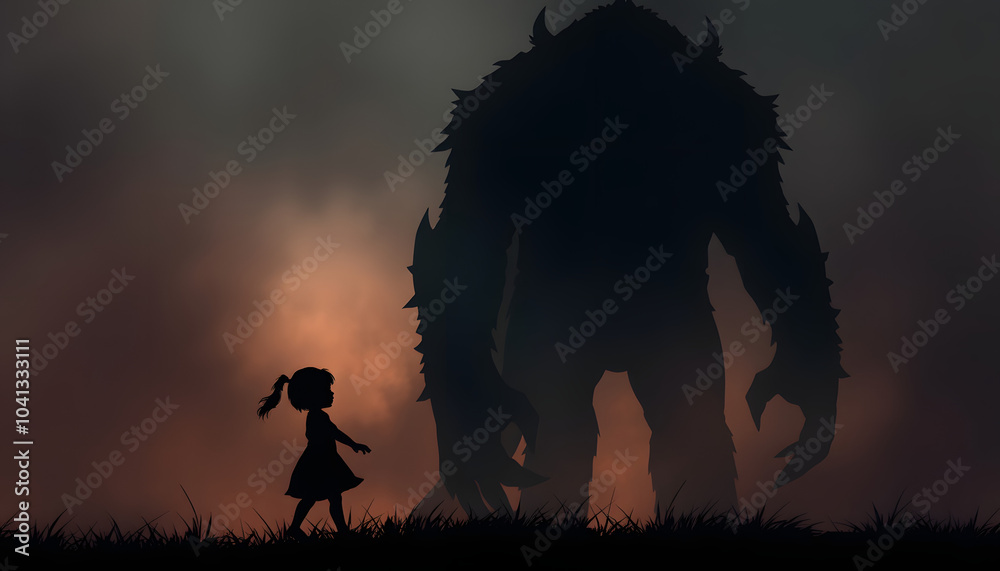 Contemporary artwork. Little girl, child feeling scared, hiding from ...