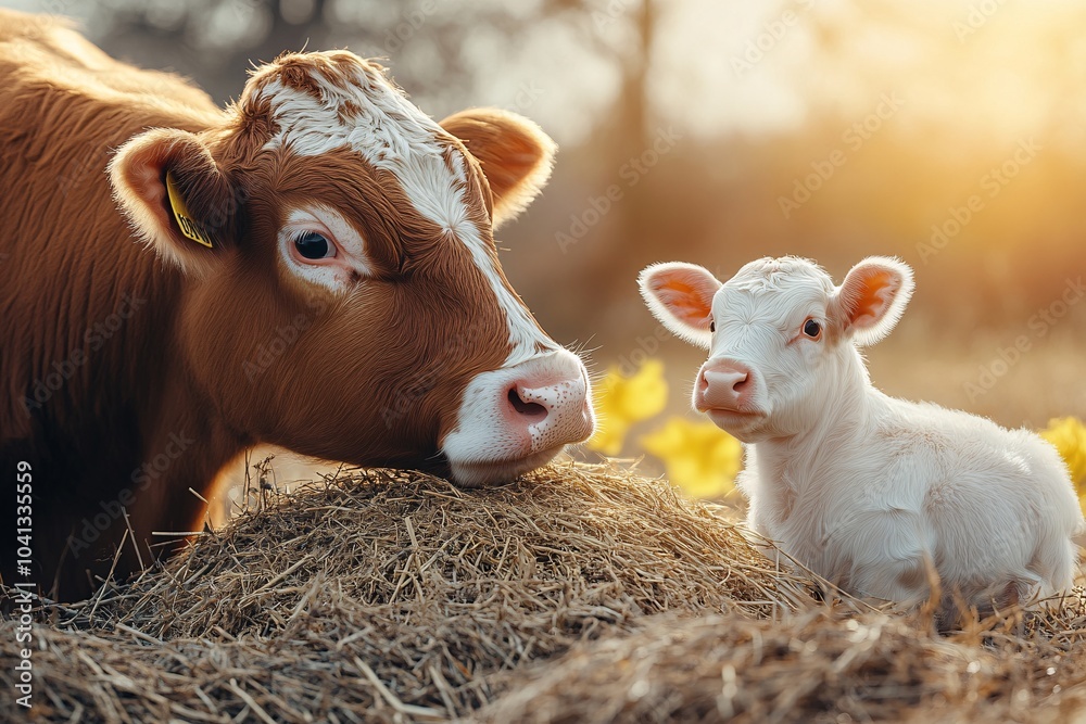 Mother Cow and Calf in a Hay Bale: A Touching Farm Scene Stock ...