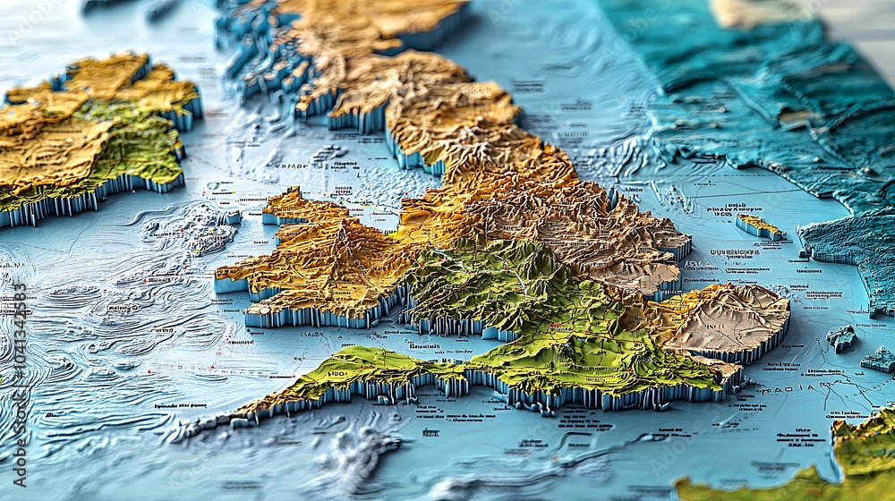 British Isles 3D Topographic Map: Detailed relief map of the British ...