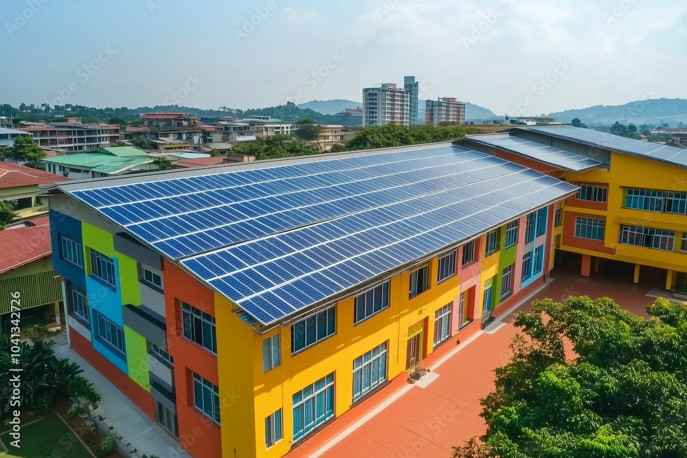 A school building with solar panels on the roof, showing how ...
