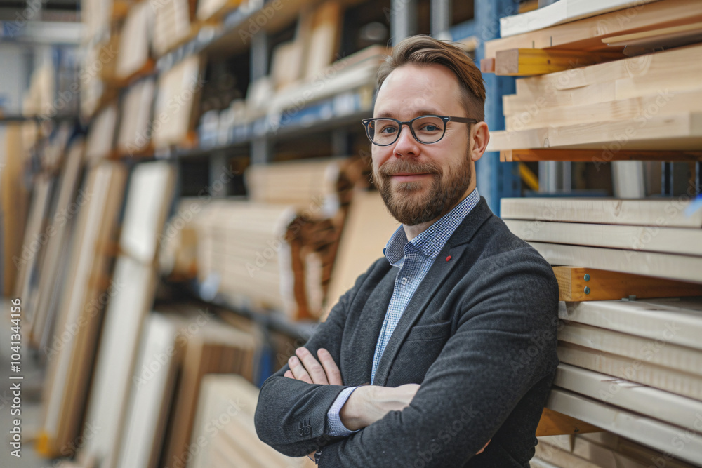 salesperson wood store lumber shop cinfident male pose building ...