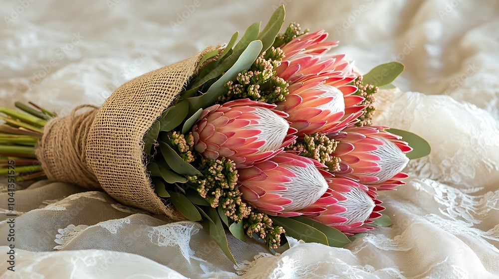 A bouquet of Protea and King Protea with rustic foliage, wrapped in ...