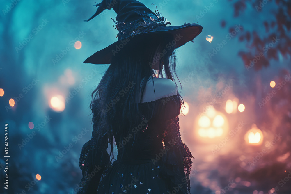 Beautiful witch woman with a magic wand, wearing a black hat and dress ...