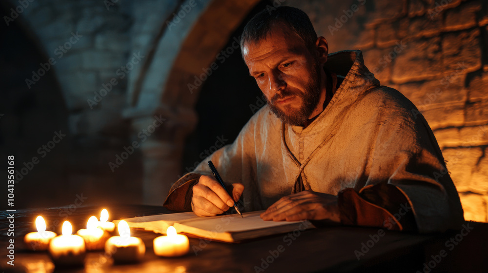 Foto de medieval monk sits at ancient wooden desk, writing by ...