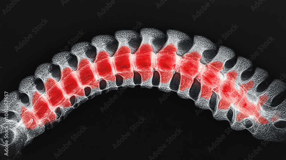 X-ray image showcasing a human spine with highlighted red sections ...
