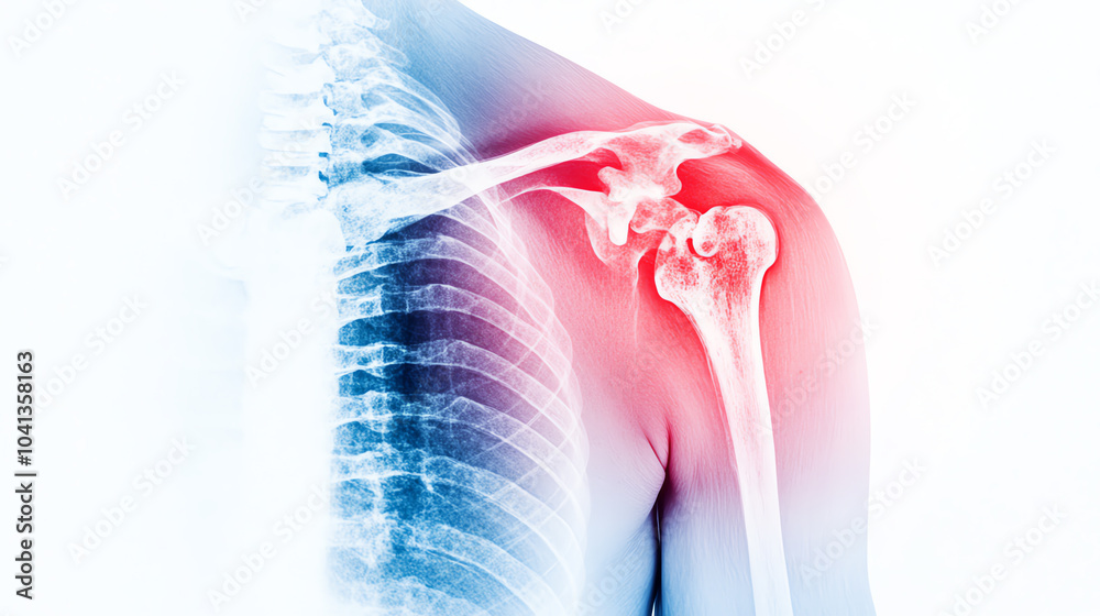 X-ray image showing the shoulder joint with indications of pain ...