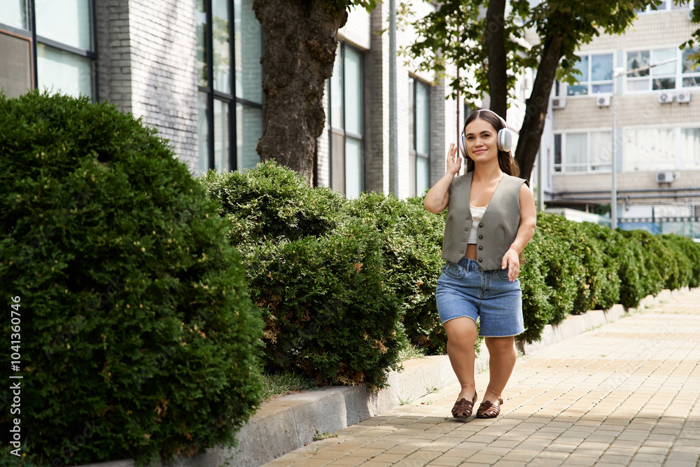 A cheerful brunette young woman with short stature strolls along a path ...