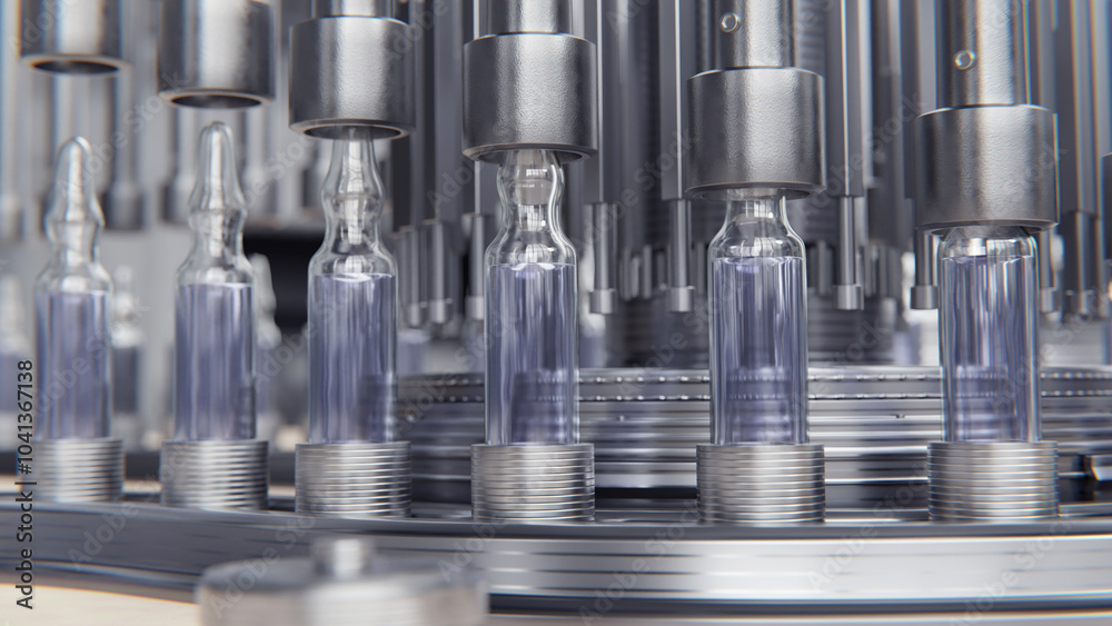 Drug manufacturing process. Line with medical ampoules line at a modern ...