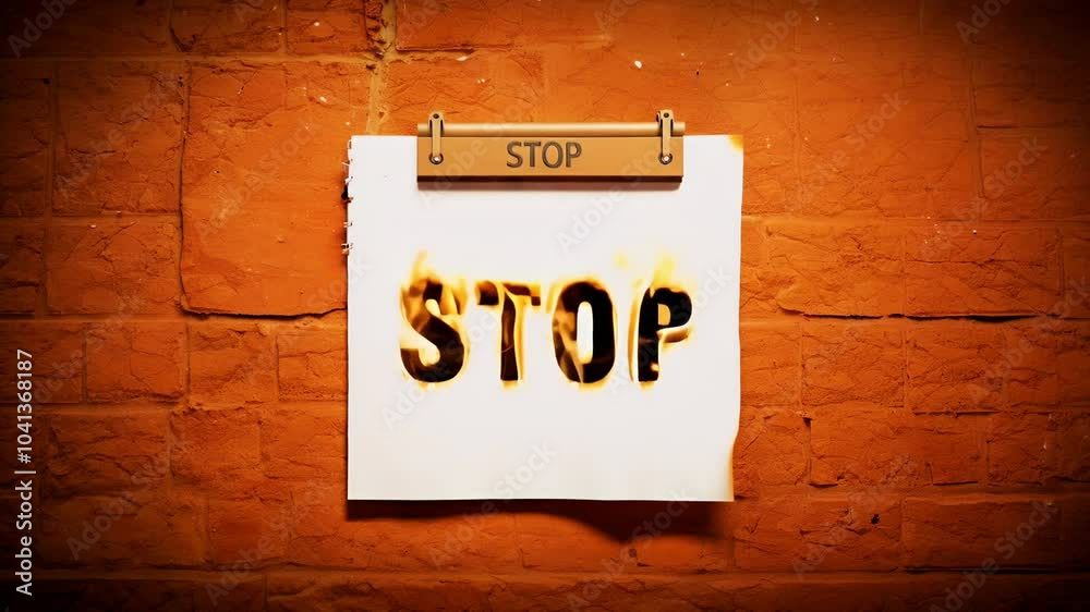 An inscription white A4 et ignites orange brick wall where word STOP ...