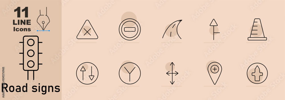Road signs set icon. Traffic light, no crossing, no entry, curve right ...