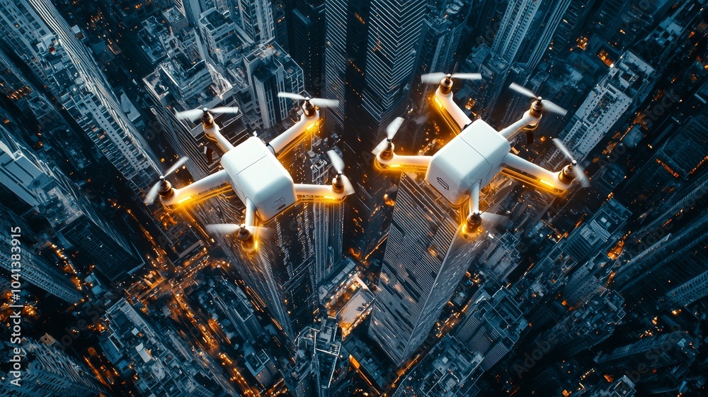 Aerial view of drones transporting packages across skyscrapers, real ...