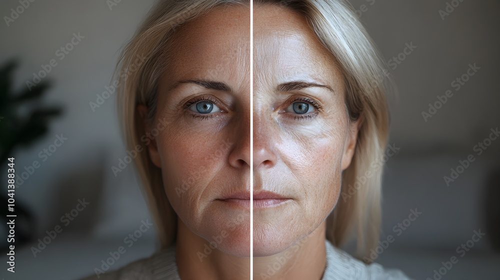Long-term effects of a facelift, side-by-side facial images showing ...
