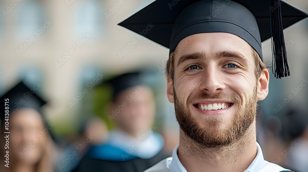 Overjoyed graduate standing in front of the grand iconic library of a ...
