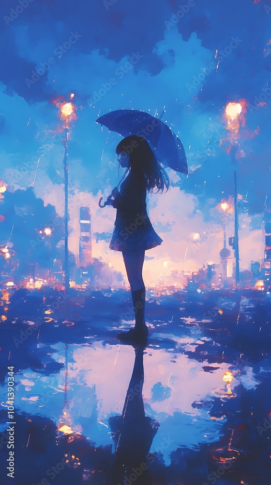 Anime girl in a school uniform, standing in the rain holding an ...