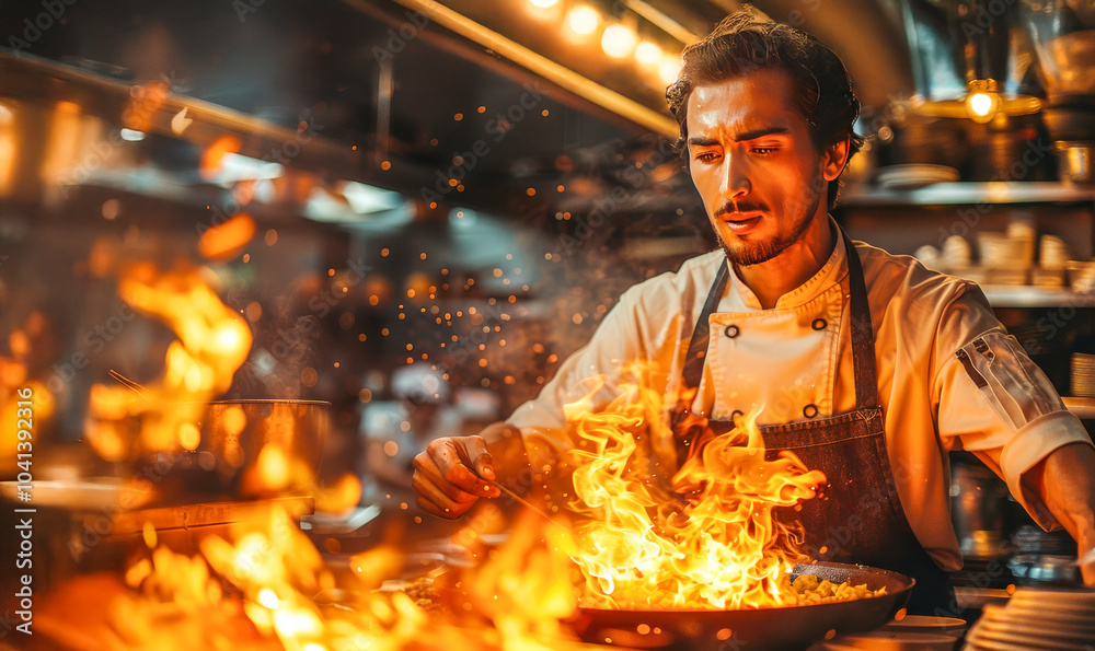 Chef's Fiery Passion: A male chef skillfully flames a dish in a ...