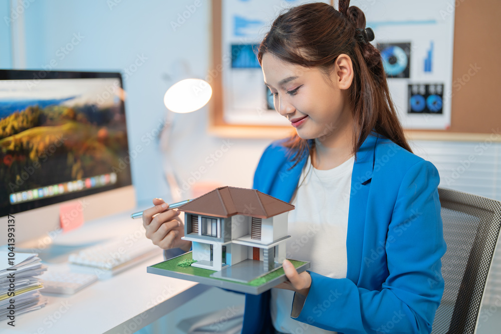 Young asian architect happily works on a house model in her modern ...