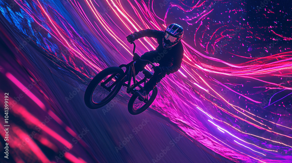 BMX Bike Rider Hovering in Mid-Air Above a Ramp, Surrounded by Neon ...