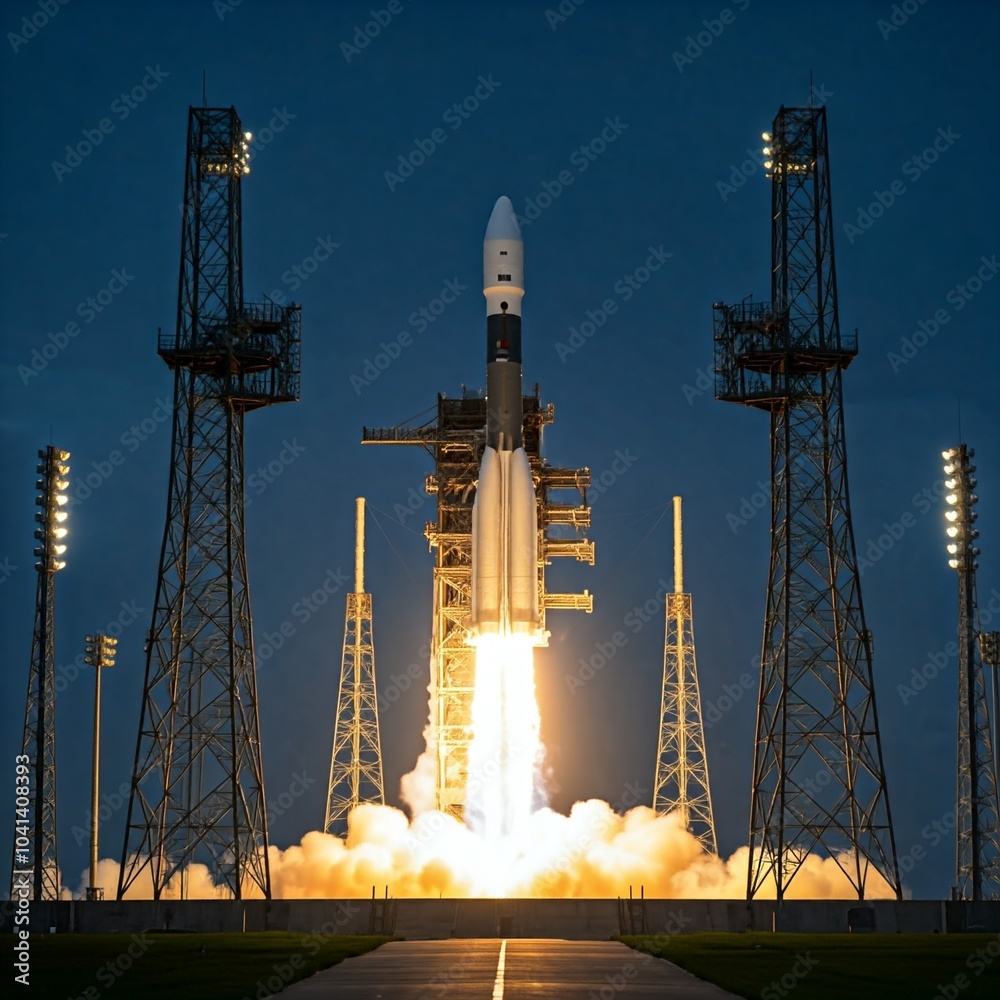 Rocket launch night sky, refinery, smoke, power, industrial, gas, oil ...
