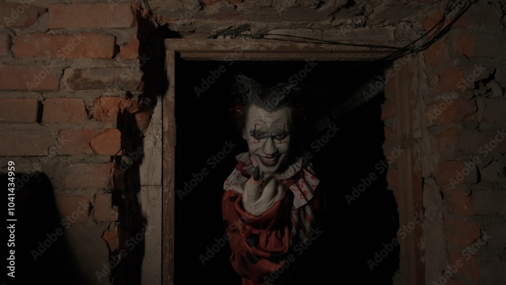 Crazy creepy killer man dressed as clown with makeup at attic in ruined ...