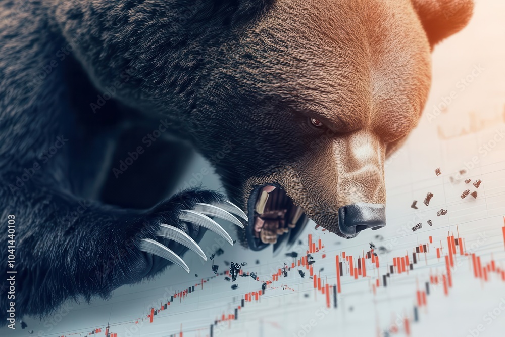 A close-up of a bear's claws ripping through a stock market chart with ...