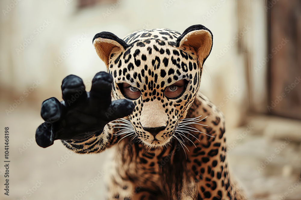 Teen girl acting like a leopard, wearing a spotted leopard mask ...