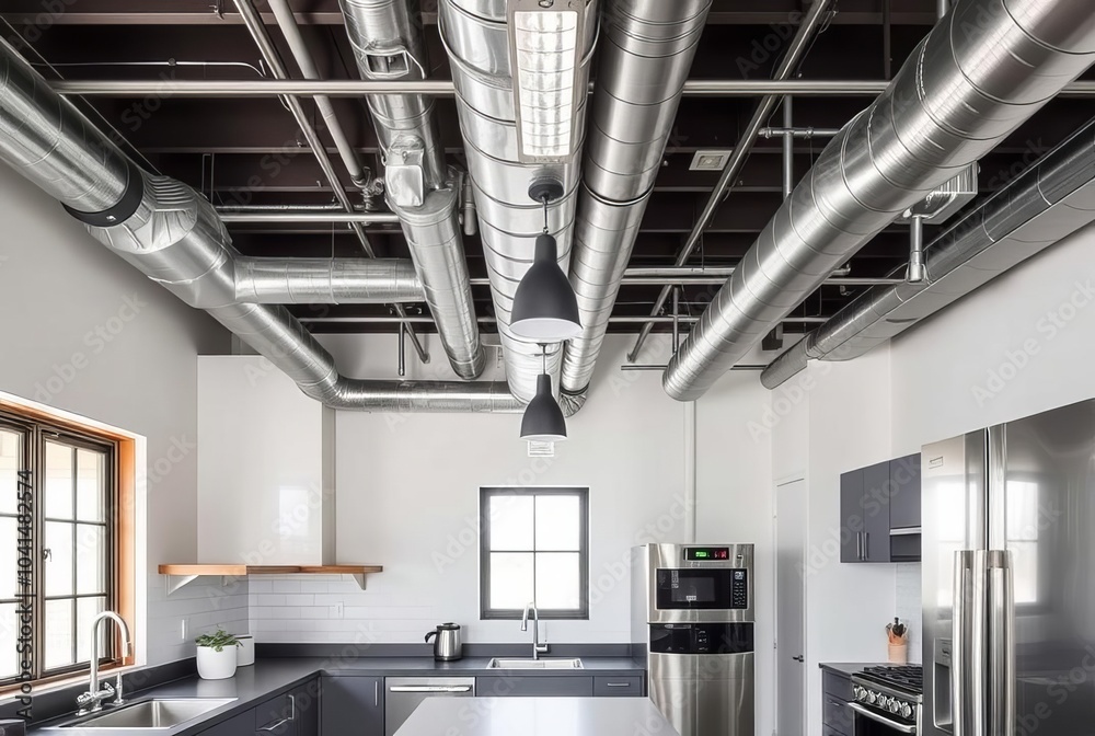 Exposed Ductwork A kitchen with exposed ductwork industrial styl Stock ...