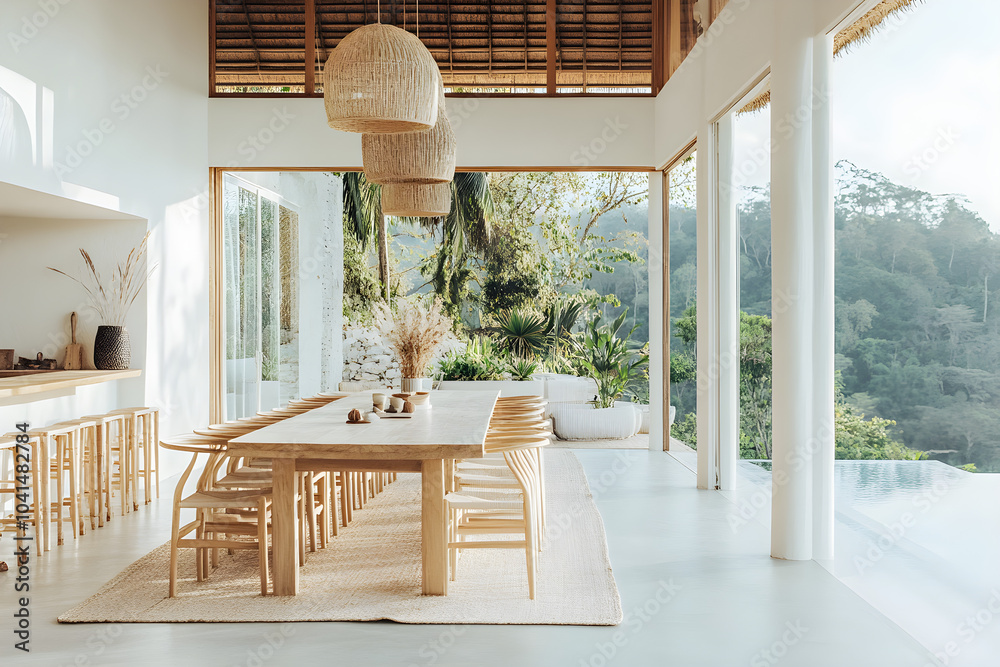 Open concept villa dining area featuring a large wooden table, natural ...