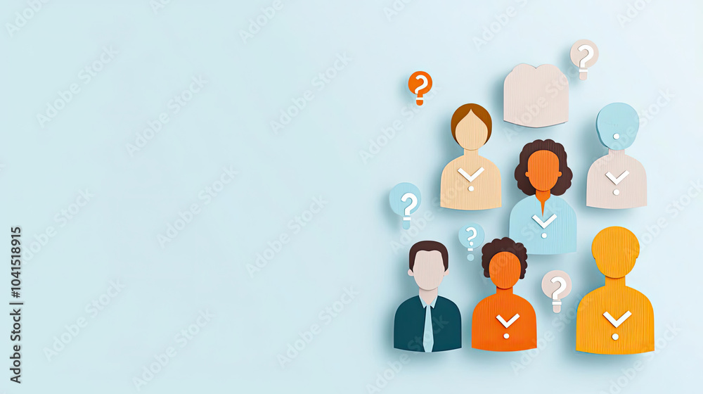 A group of human icons with checkmarks and question marks hovering over ...