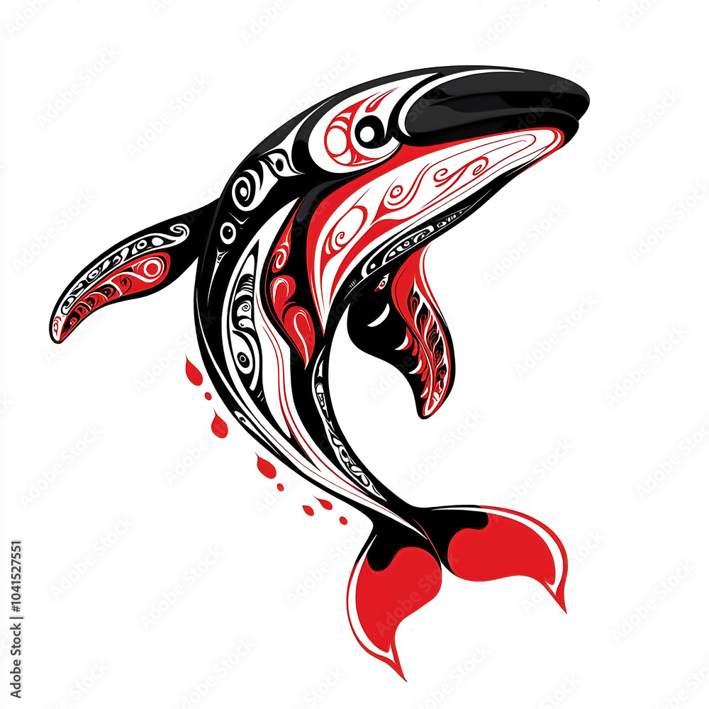 Traditional Inuit Eskimo Haida folk art of a stylized whale in textured ...