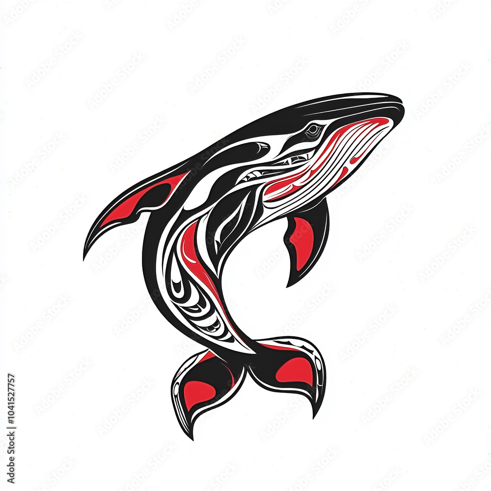 Traditional Inuit Eskimo Haida folk art of a stylized whale in textured ...