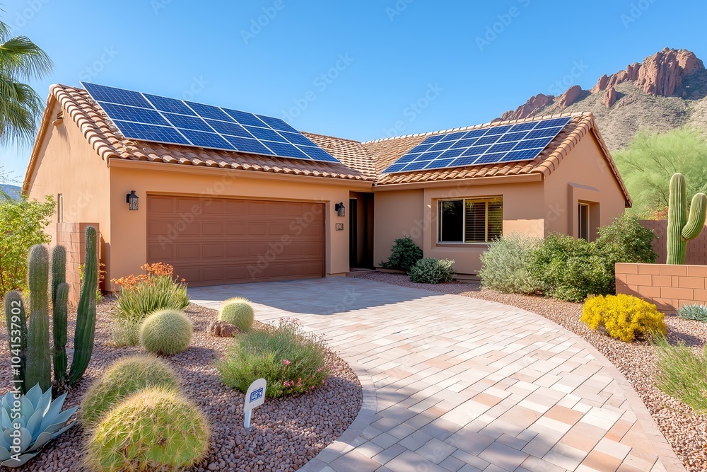 Modern Solar Panels Installed on a Tucson Arizona Home Under Clear Blue ...