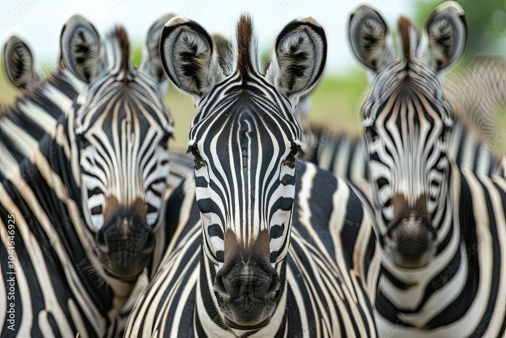 Painting- A group of zebras , their black-and-white stripes bold on a ...