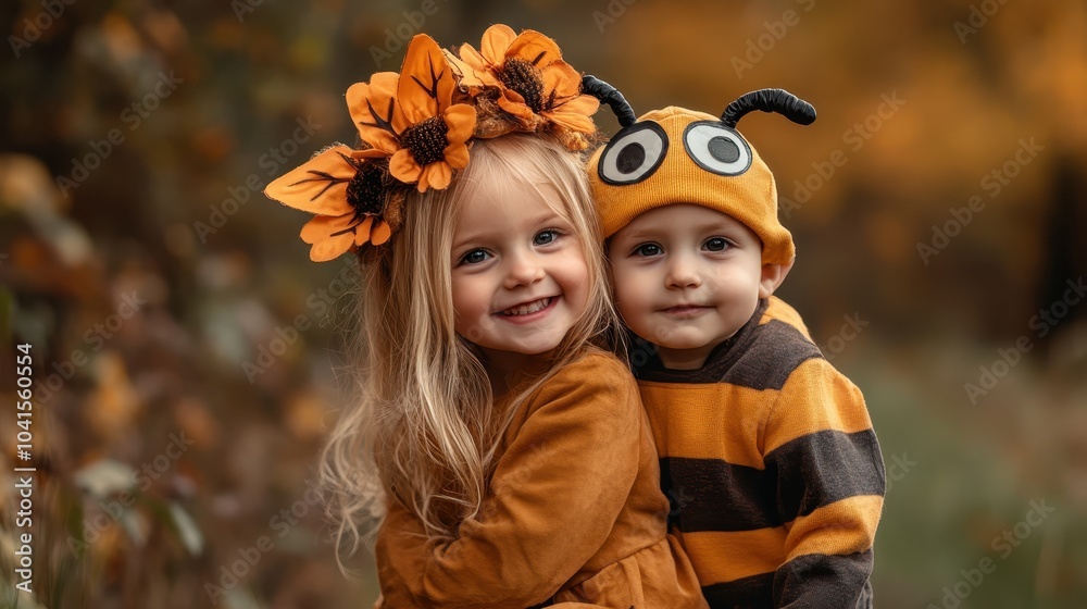 Two young children are joyfully posing outdoors in autumn-themed ...