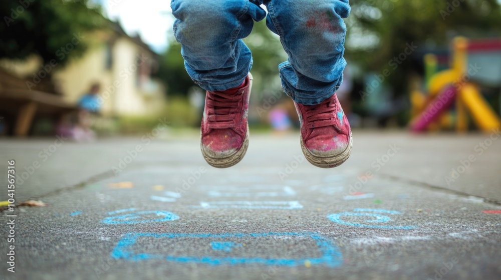 Engaging in a classic jump game with chalk designs on a concrete ...