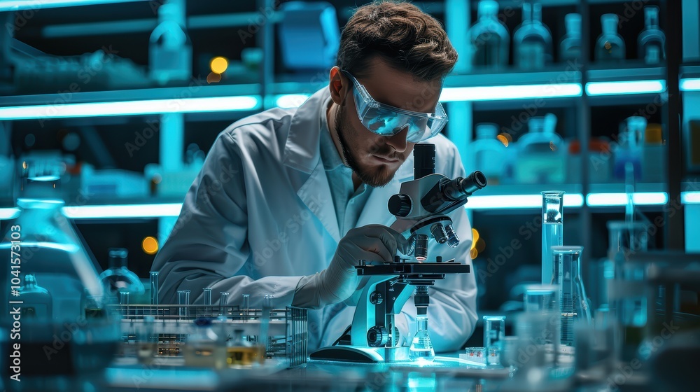 Lab Researcher in Focus, analyzing samples, illuminated modern lab ...