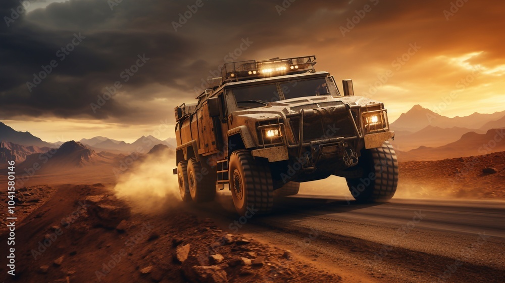 Military patrol car on sunset background. Army war concept. Silhouette ...