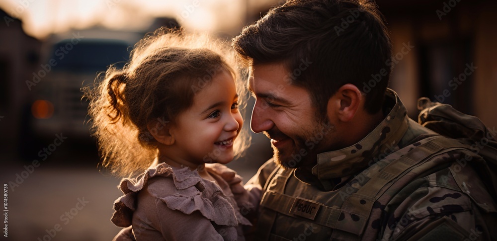 Affectionate military reunion between father and daughter. Emotional ...