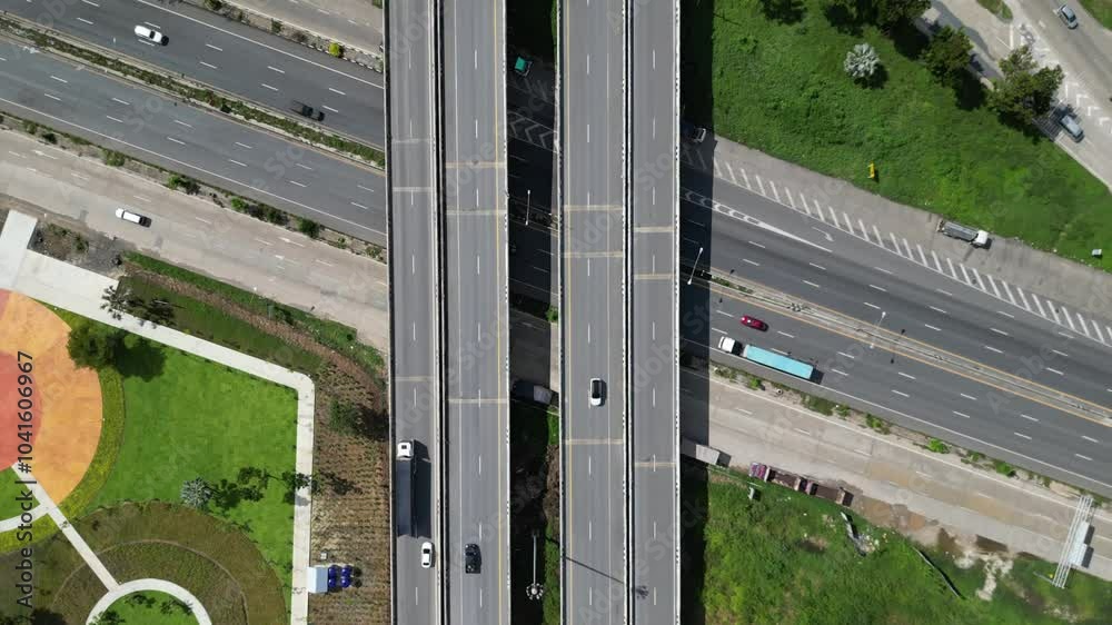 Drone photos of the interchange of a bridge over a road with cars ...