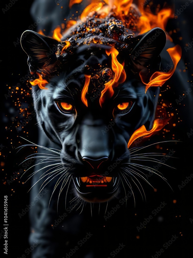 Black panther, fierce eyes, flames, fire mane, intense gaze, dark ...