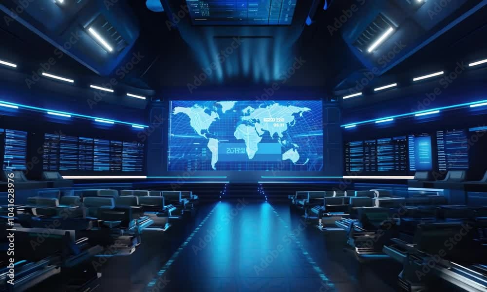 Futuristic Command Center with Large Digital World Map Display and Rows ...