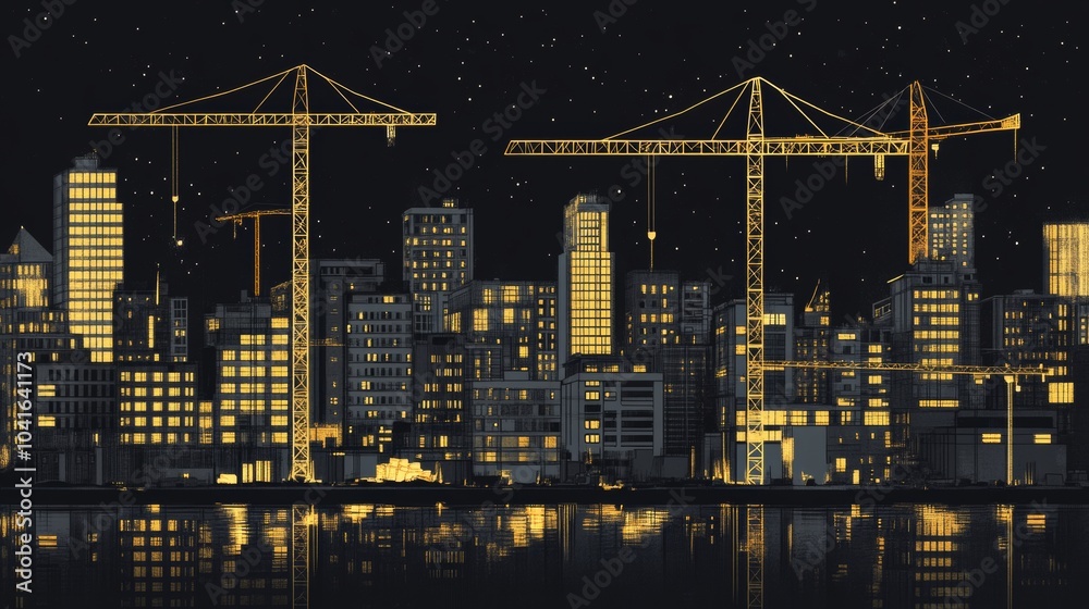A construction site skyline featuring cranes, a black-and-gold color ...