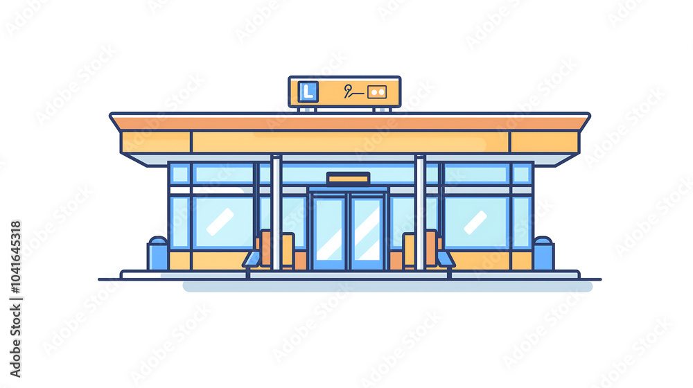 cartoon illustration of a modern building entrance with automatic doors ...