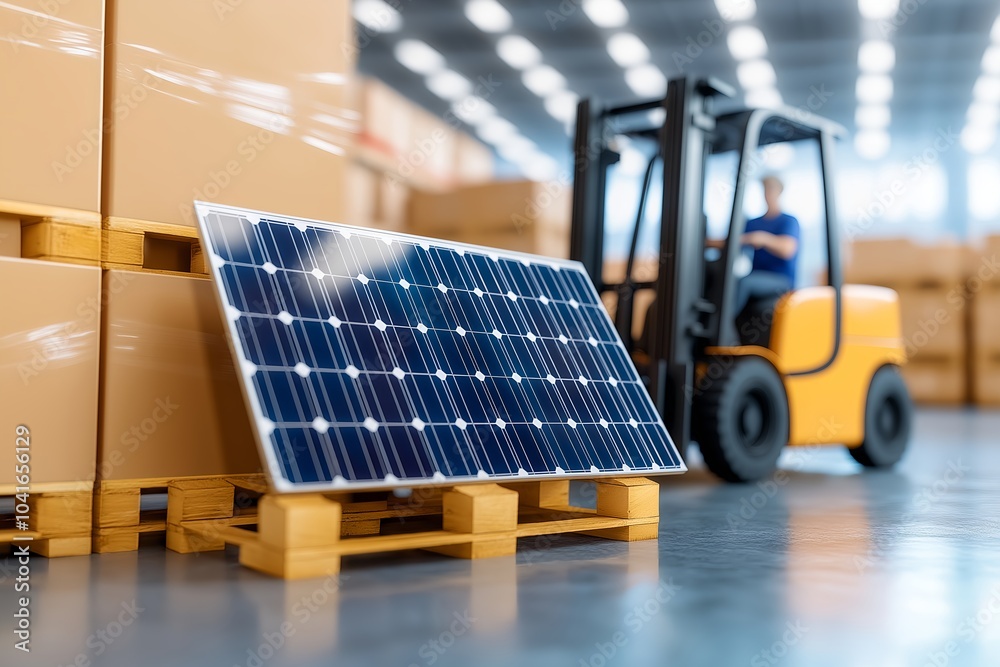 Foto de A Forklift Transporting a Large Pallet of Solar Panels Inside a ...